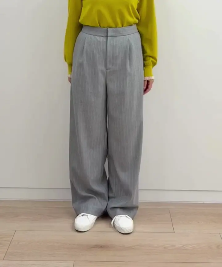 日本製]サイドラインウールストライプワイドパンツ(ガウチョ・ワイド